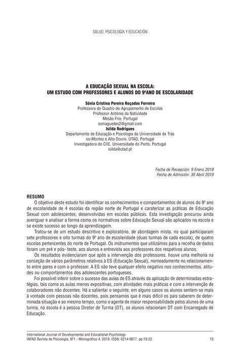 Pdf A Educa O Sexual Na Escola Um Estudo Com Professores E Alunos Do Ano De Escolaridade
