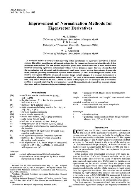 Pdf Improvement Of Normalization Methods For Eigenvector Derivatives
