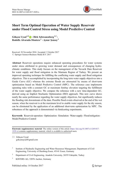 Pdf Short Term Optimal Operation Of Water Supply Reservoir Under