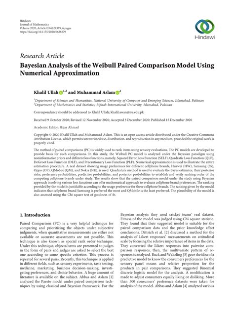 pdf bayesian analysis of the weibull paired comparison model using numerical approximation