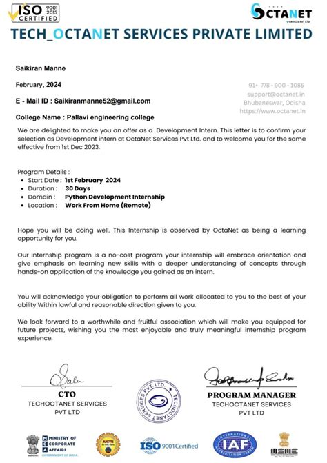 Manne Saikiran On Linkedin Offerletter Internshipjourney