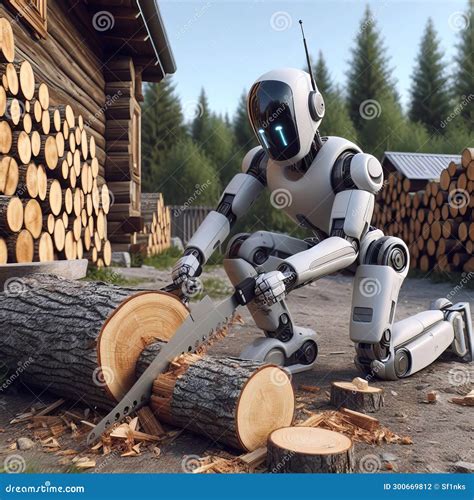 A Modern Robot Cutting Wood Logs Outside A Wooden Cabin Showcasing Technology Meeting