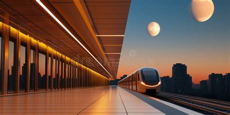 Futuristic Train Station In Space With Planets Visible At Sunset Stock
