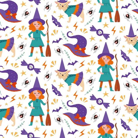 Cute Dog And Girl In Halloween Witch Costume Seamless Pattern Funny