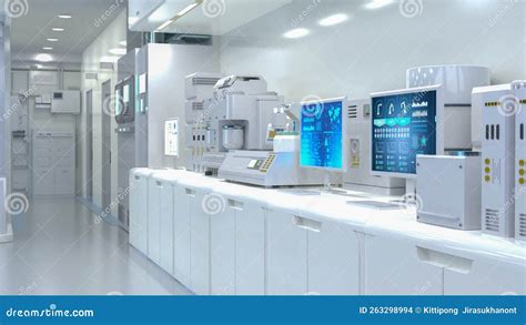 White Futuristic Digital Laboratory With Machine And Computer Screen