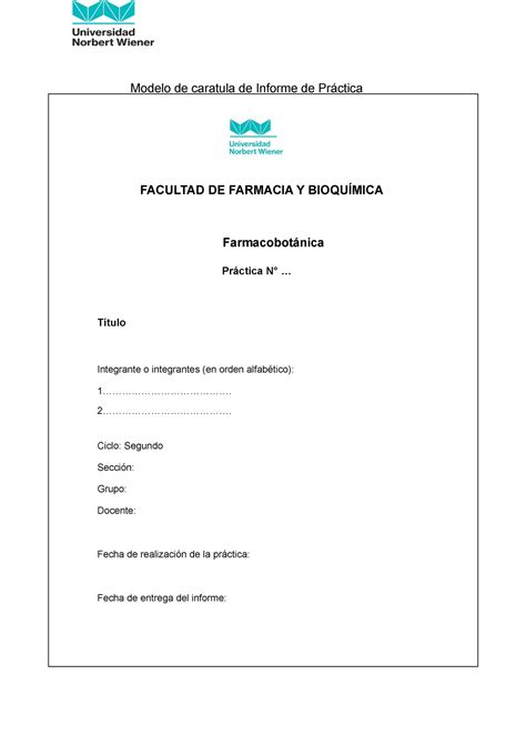 Modelo De Caratula De Informe De Práctica Modelo De Caratula De