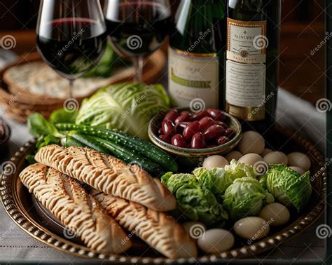 Table With Traditional Passover Foods And Wine A Festive Feast
