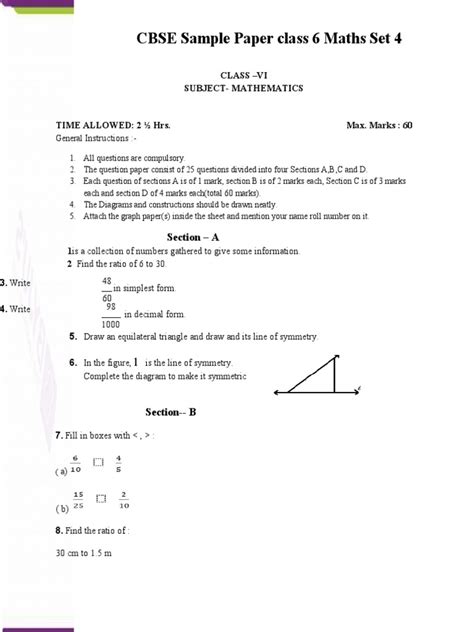 Cbse Sample Paper Class 6 Maths Set 4 Pdf Fraction Mathematics