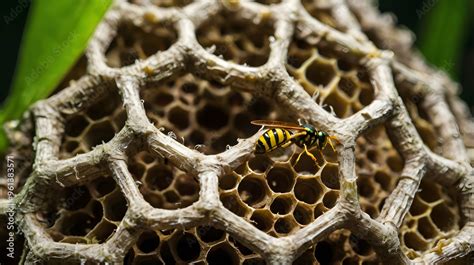 Wasp Nest Macro A Close Up High Resolution Shot Of A Paper Wasp Guarding Its Nest