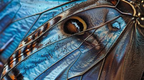 Closeup Macro Photo Of A Blue Morpho Butterfly Wing Premium Ai