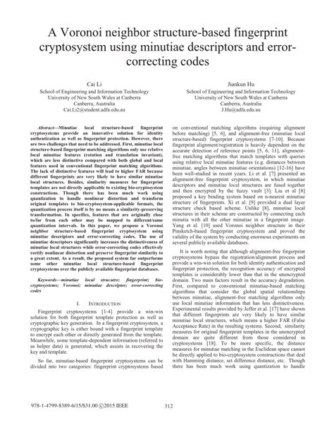 Pdf A Voronoi Neighbor Structure Based Fingerprint Cryptosystem Using Minutiae Descriptors And