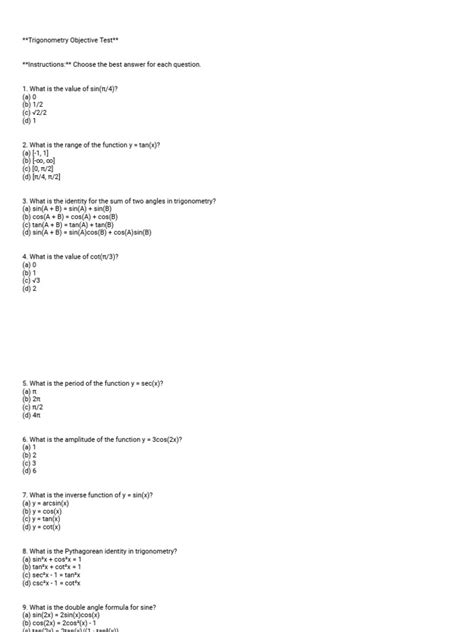Trigonometry Test Series Pdf