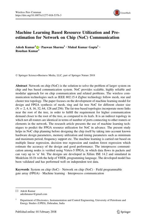 Pdf Machine Learning Based Resource Utilization And Pre Estimation For Network On Chip Noc