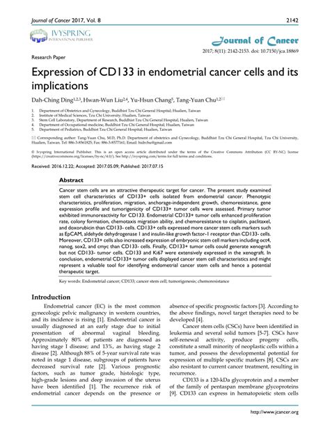 Pdf Expression Of Cd133 In Endometrial Cancer Cells And Its Implications
