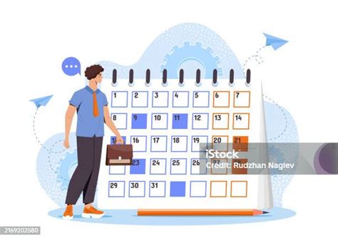 달력을 가진 남자 큰 달력 근처에 서류 가방을 가진 사업가 효율적인 작업 프로세스의 시간 관리 및 조직 계획 및 일정 수립 평면 벡터 일러스트 레이 션 검사 보기에 대한