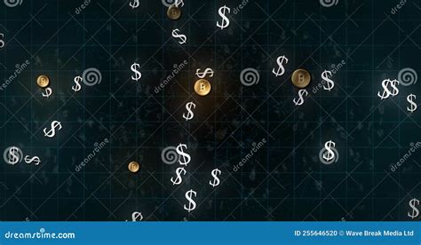 American Dollar Symbol And Bitcoin Symbols Moving Over Grid Against