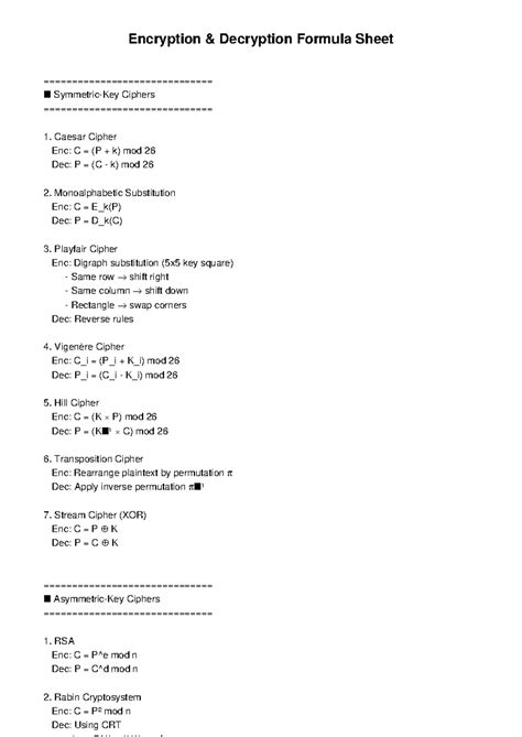Cipher Formula Sheet For Ciphers 1 Encryption And Decryption Studocu