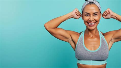 Premium Photo Smiling Woman Flexing Her Biceps On A Blue Background
