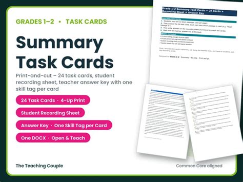 Grade 1 2 Summary Task Cards — 24 Cards Recording Sheet Answer Key