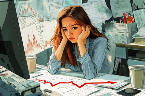 Woman Stressed Over A Red Line Chart In A Busy Office Premium Ai
