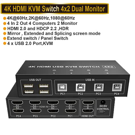 2023 4 Port HDMI KVM Switch 4X2 Dual Monitor 4K60Hz Extended Display DP USB KVM Switch 4 In 2