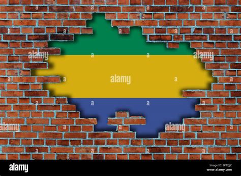 3d Flag Of Gabon Behind The Broken Old Stone Wall Background Stock