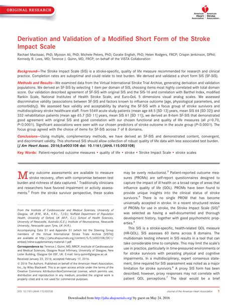 Pdf Derivation And Validation Of A Modified Short Form Of The Stroke