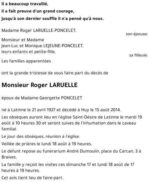 Avis De Décès De Roger Laruelle Décédé Le 15 08 2014 à Huy Annonce Condoléances Fleurs Etc