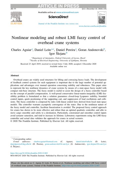 Pdf Nonlinear Modeling And Robust Lmi Fuzzy Control Of Overhead Crane