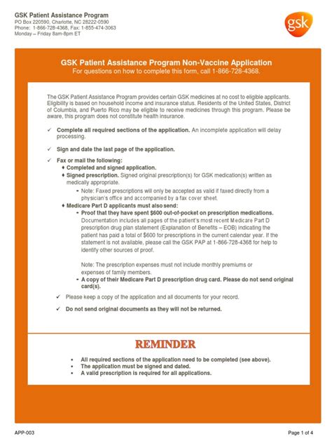 Gsk Patient Assistance Program Non Vaccine Application For Questions On How To Complete This