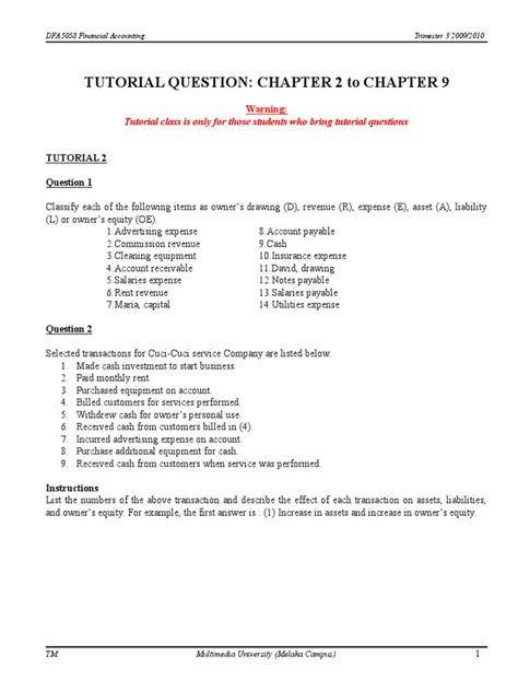 Tutorial Question Chapter 2 To Chapter 9 Tutorial Class Is Only For