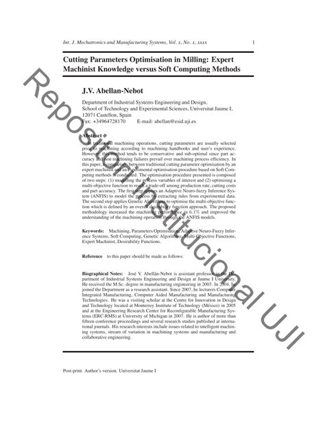 Pdf Cutting Parameters Optimisation In Milling Expert Machinist Knowledge Vs Soft Computing