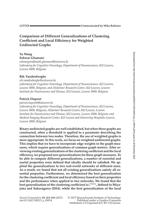 Pdf Comparison Of Different Generalizations Of Clustering Coefficient And Local Efficiency For