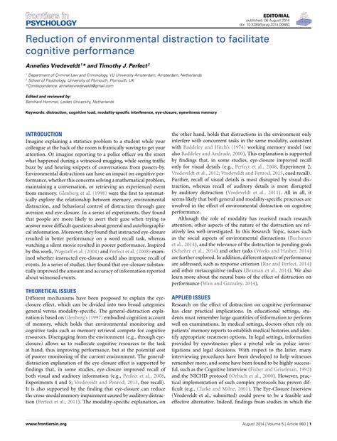 Pdf Reduction Of Environmental Distraction To Facilitate Cognitive Performance