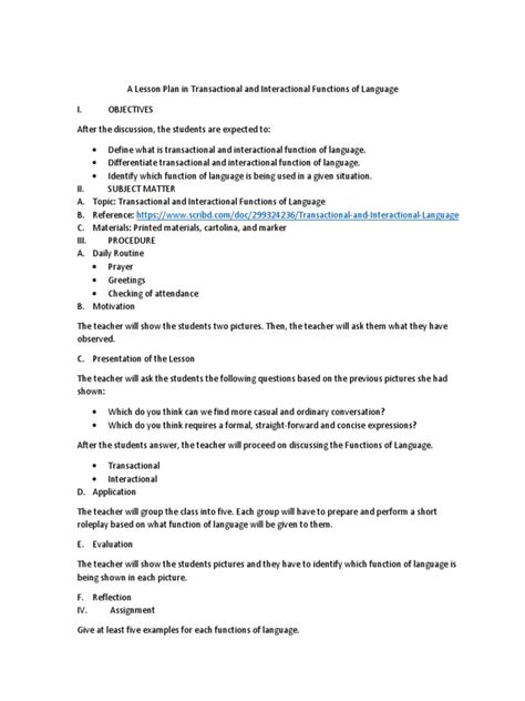 Transactional And Interactional Functions Of Language Lp Pdf Lesson Plan Semiotics