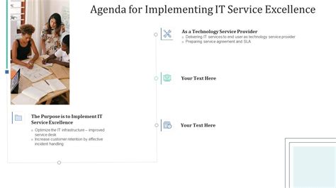 Agenda For Implementing It Service Excellence Ppt Show Layout Ideas Pdf