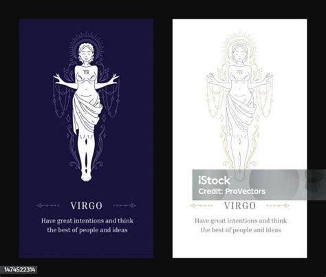 처녀 자리 점성술 여자 여신 조디악 설명 라인 아트 데코 포스터 디자인 템플릿 세트 벡터 가공의 인물에 대한 스톡 벡터 아트 및 기타 이미지 가공의 인물 골동품