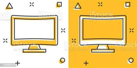 만화 스타일의 개인 용 컴퓨터 격리 된 배경에 데스크톱 Pc 만화 벡터 일러스트레이션 모니터 디스플레이 스플래시 효과 기호