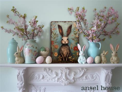 Primitive Easter Decor Rustic Folkart Bunny Metal Art Sign Mantle
