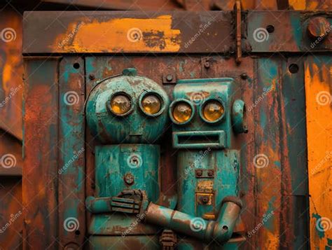 Rusty Robots Hugging Showing Love In Industrial Setting Stock Image Image Of Pair Blue 329547195
