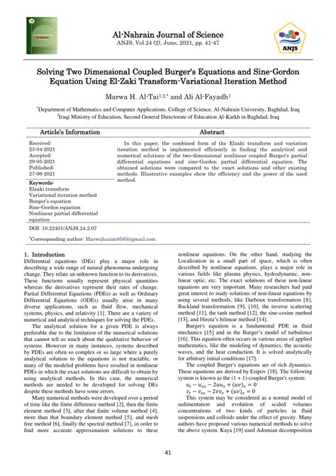 Pdf Solving Two Dimensional Coupled Burgers Equations And Sine