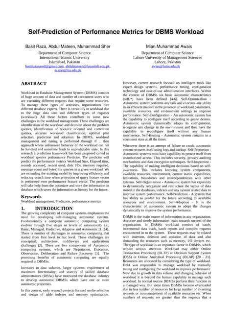Pdf Self Prediction Of Performance Metrics For The Database Management System Workload