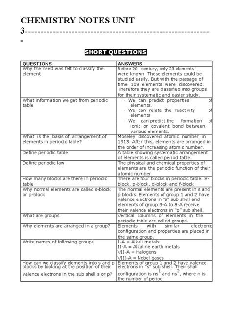 9 Chemistry Notes Unit 3 New Pdf Periodic Table Electron
