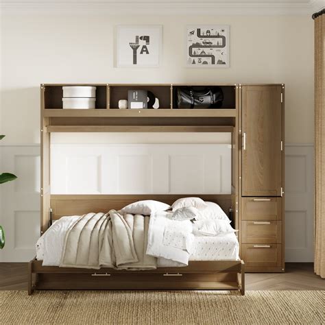 Full Size Murphy Bed With Wardrobe And Storage Antique Gray Wood Frame