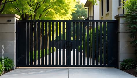 Modern Black Metal Gate Or Fence With Vertical Slats In Front Of A