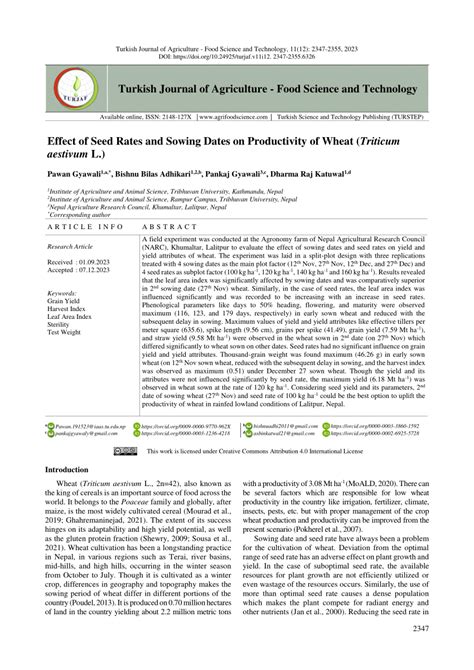 Pdf Effect Of Seed Rates And Sowing Dates On Productivity Of Wheat Triticum Aestivum L