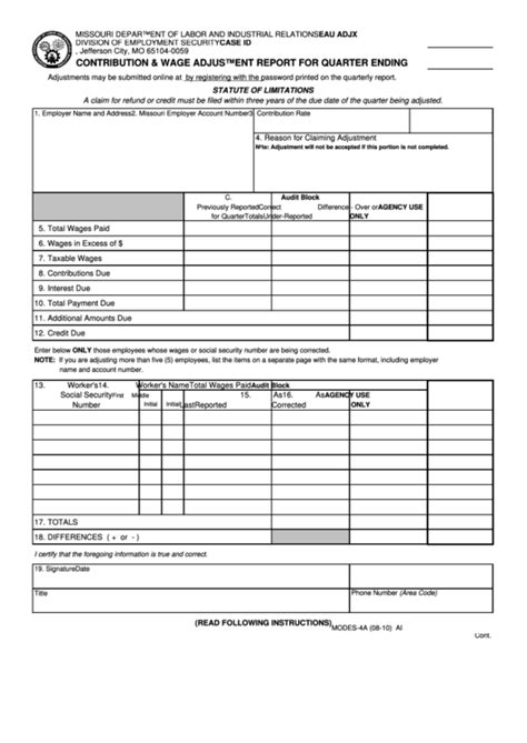 Form Modes 4a Contribution And Wage Adjustment Report For Quarter