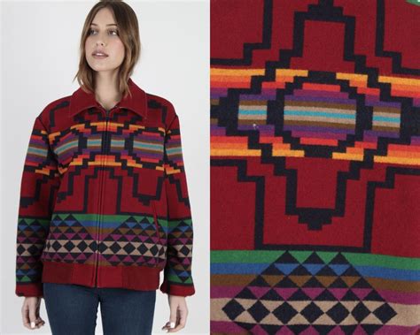 Vintage Burgundy Pendleton Jacket 80s Rainbow Ethnic Striped Pendleton Coat American Archive