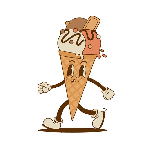 Retro Cartoon Ice Cream Cone Character In Groove Style Vector