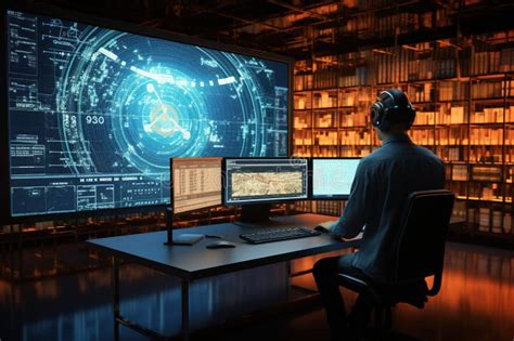 A Man Analysing Data On Multiple Screens In A Control Room Stock